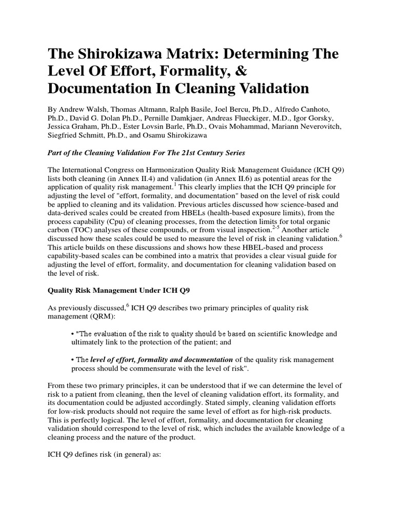 Shirokizawa Matrix for Cleaning Validation | PDF