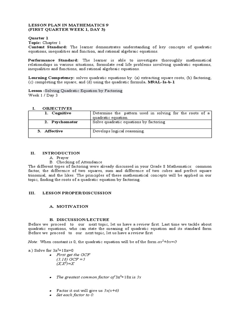 Solving Quadratic Equation By Factoring Pdf Factorization Equations