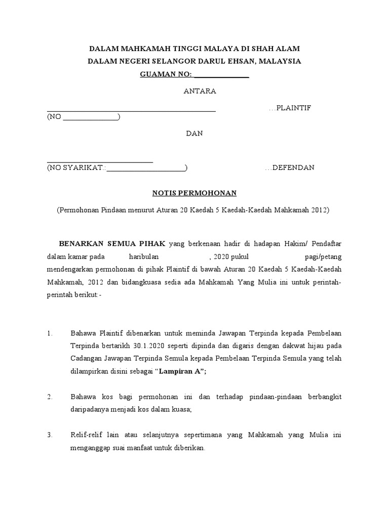 Sample Notis Permohonan Order 20 Rule 5 Pdf 0285