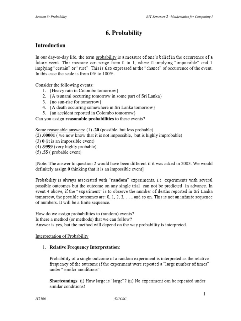 Probability: Section 6: Probability BIT Semester 2 - Mathematics For Computing I | PDF