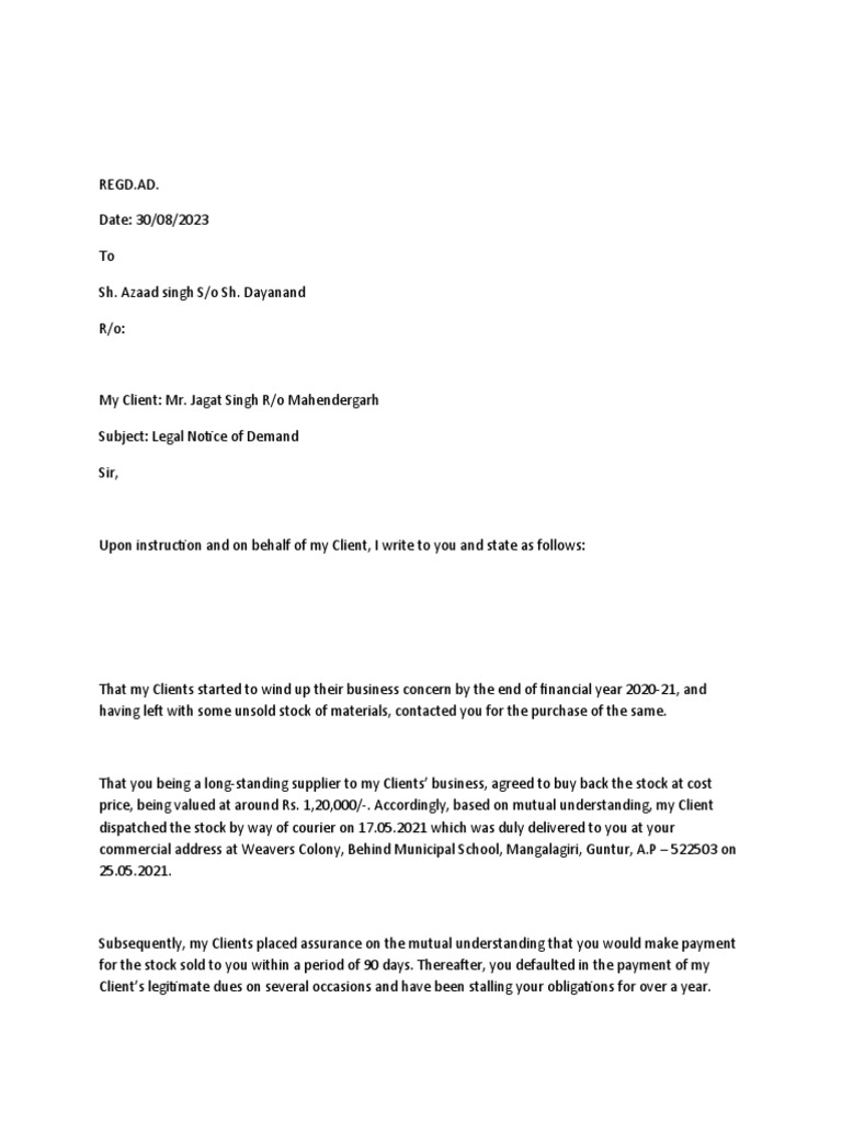 Legal Notice For Recovery of Money | PDF | Common Law | Business