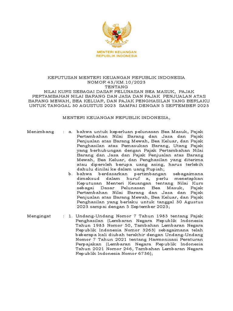 KMK Nomor 43 km.1 2023 - KMK Kurs Pajak Periode 31 Agustus 2023 - 5 September 2023 | PDF