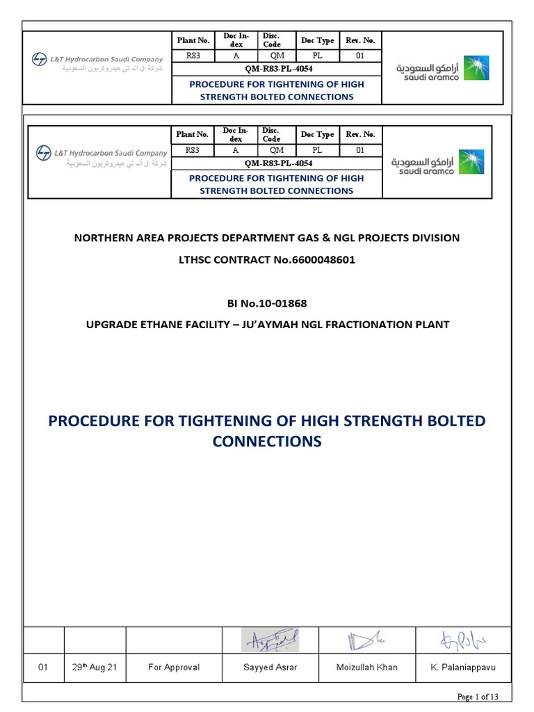 Procedure For Tightening of High Strength Bolted Connections | PDF ...