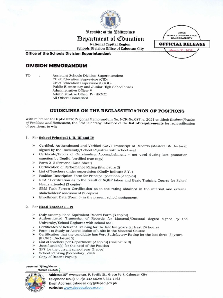 Reclassification Guidelines for DepEd Positions | PDF | Science ...