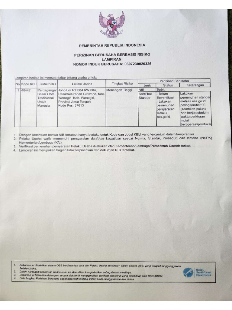 NIB PT. Herbal Nusantara Hayati | PDF