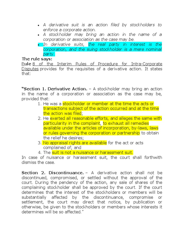 A Derivative Suit Is An Action Filed by Stockholders To Enforce A ...