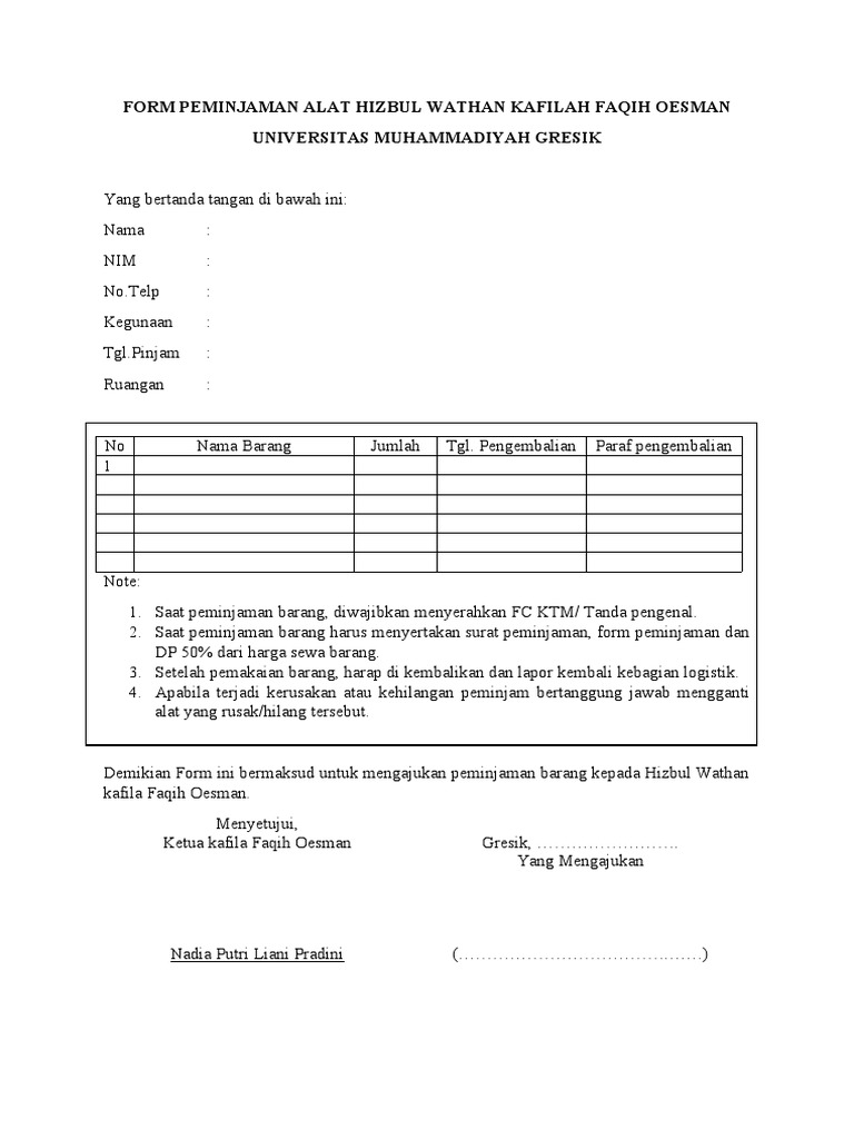 Form Peminjaman Alat Hw Oesman 22-23 | PDF