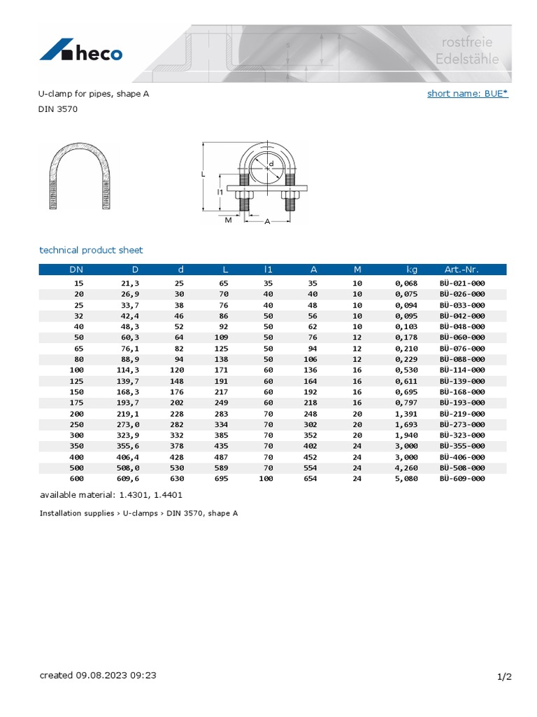 Heco Product Sheet 24 Stainless Steel U Clamps DIN 3570 Shape A | PDF ...