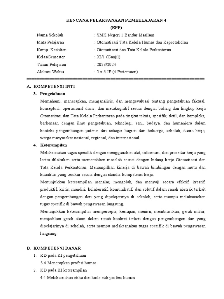 RPP 4 OTK HUMAS KEPROTOKOLAN KELAS XI SMT 1 (Pertemuan 13-16) | PDF | Karier & Perkembangan | Seni