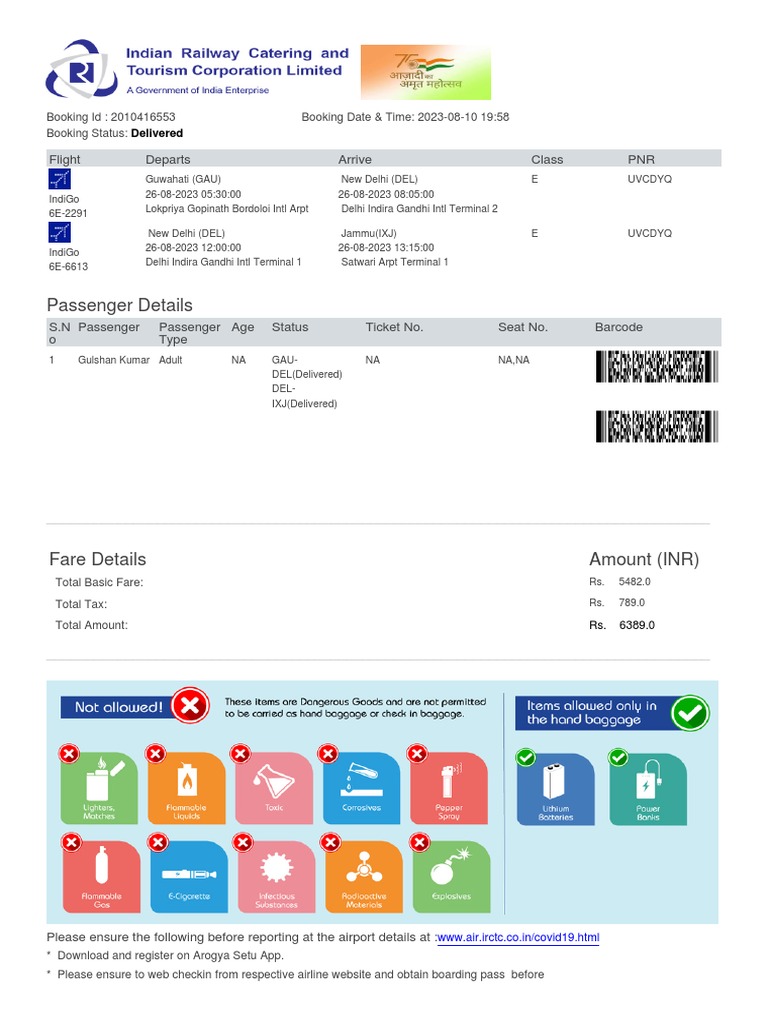 IRCTC Flights 2010416553 | PDF | Aviation | Transport