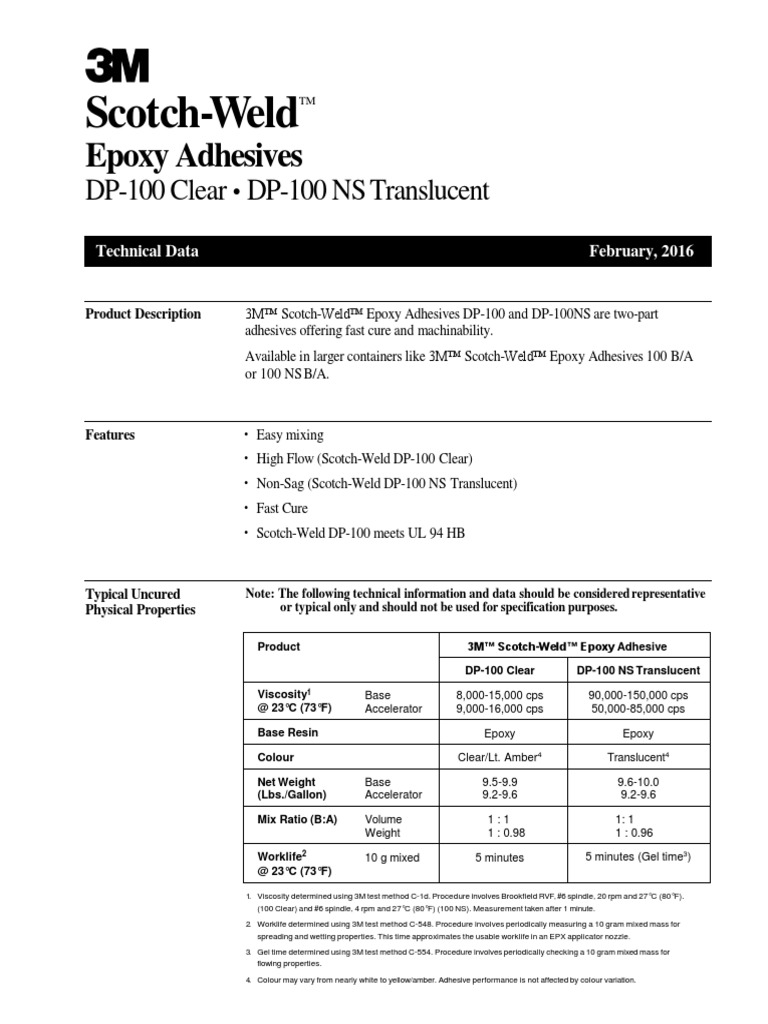 TDS 3M Scotch-Weld Epoxy Adhesive DP100 GENERAL | PDF | Adhesive ... TDS 3M Scotch-Weld Epoxy Adhesive DP100 GENERAL | PDF | Adhesive ...