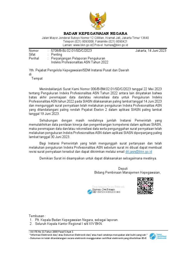 DS - Surat Deputi PMK Perpanjangan IP ASN 2022 | PDF