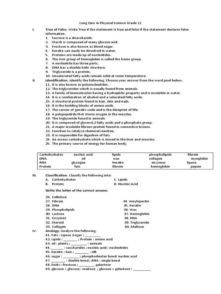 Long Quiz in Physical Science Grade 11 | PDF | Carbohydrates | Lipid