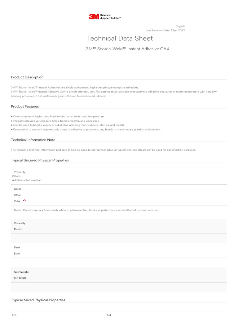 TDS 3M Scotch-Weld Instant Adhesive CA4 Clear - 30001174 | PDF