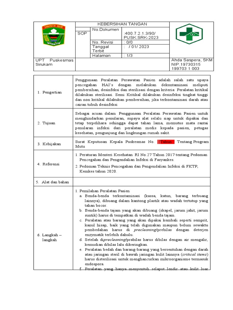 SOP PENGGUNAAN PERALATAN PERAWATAN PASIEN HCSP | PDF | Sains & Matematika