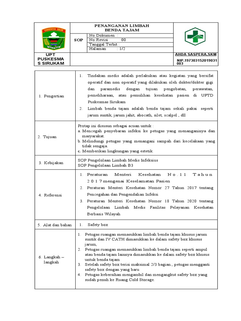 SOP PENANGANAN LIMBAH Benda Tajam | PDF