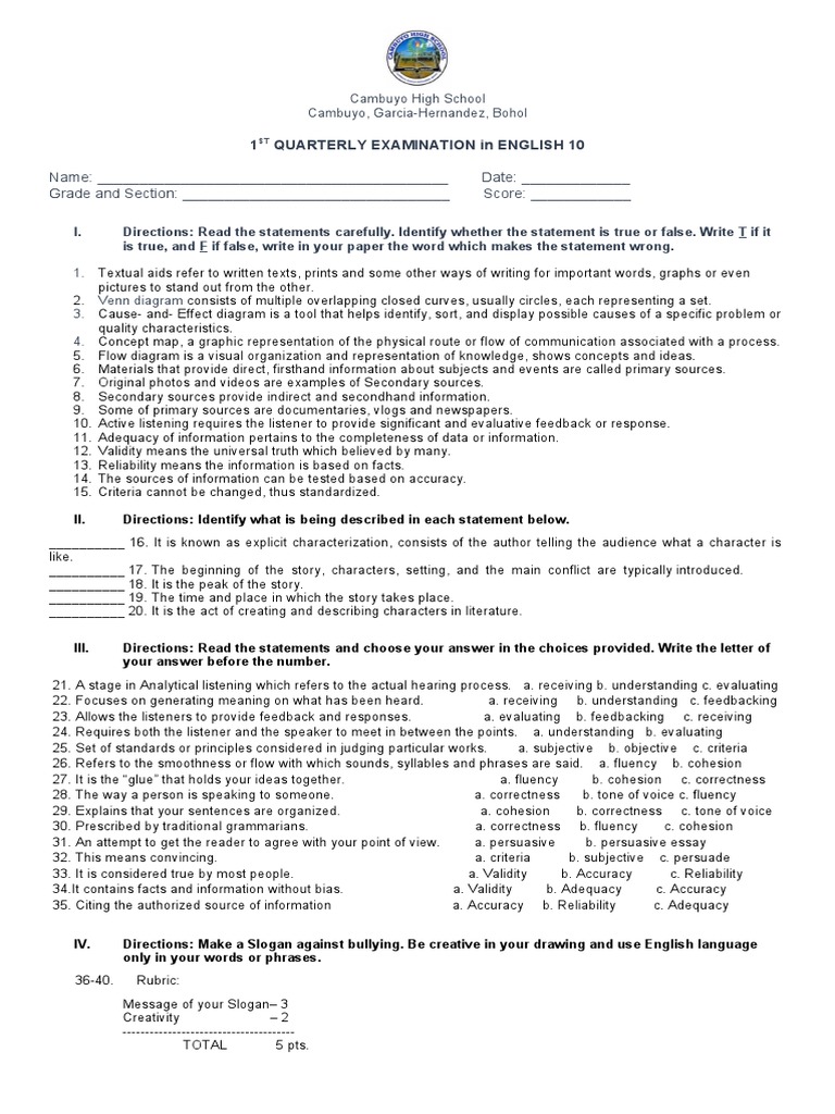 1st Quarter Examination | Download Free PDF | Information | Communication