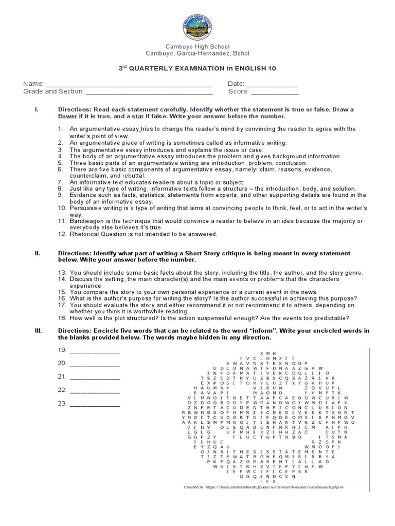 3rd QUARTER EXAMINATION | PDF | Essays | Feeling