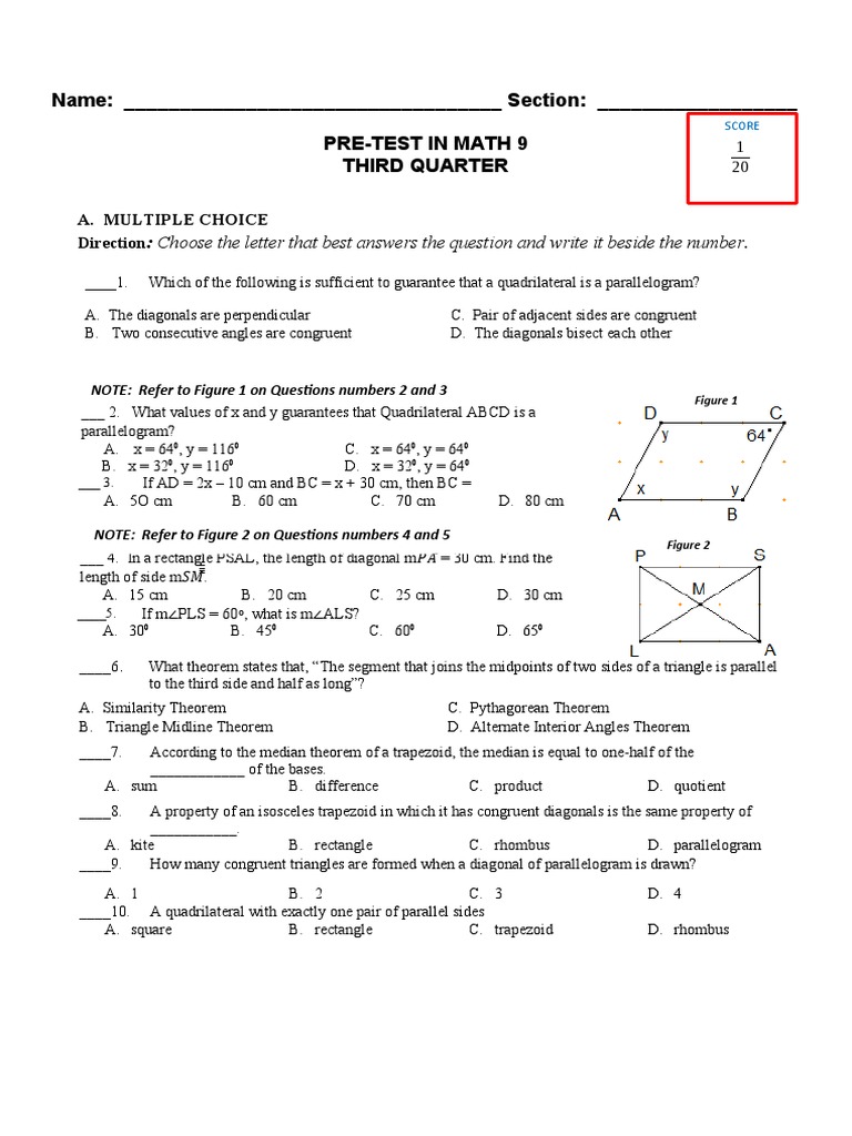 Math 9 Third Quarter Pre-Test | PDF | Rectangle | Triangle
