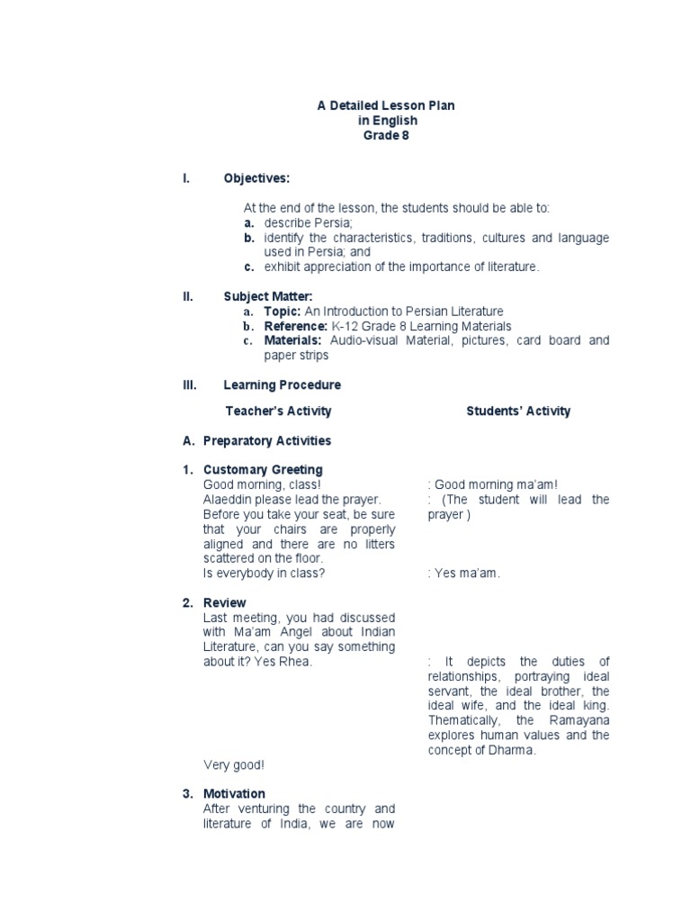 A Detailed Lesson Plan in G8 Final Persian Litt | PDF | Persian ...