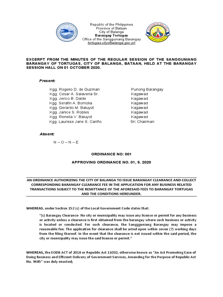 Barangay Clearance Ordinance for Business | PDF | Justice | Crime ...