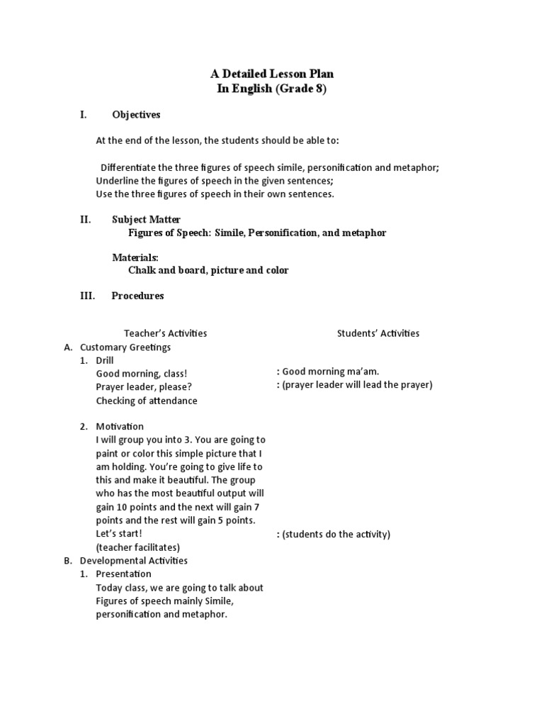A Detailed Lesson Plan Figures of Speech | PDF | Metaphor | Cognition