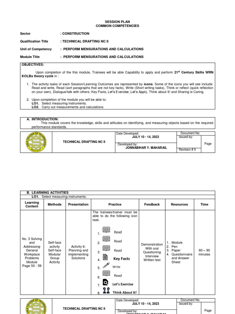 2.draft Sample SESSION PLAN TECHNICAL DRAFTING NC II by JONNABIHAR Y ...