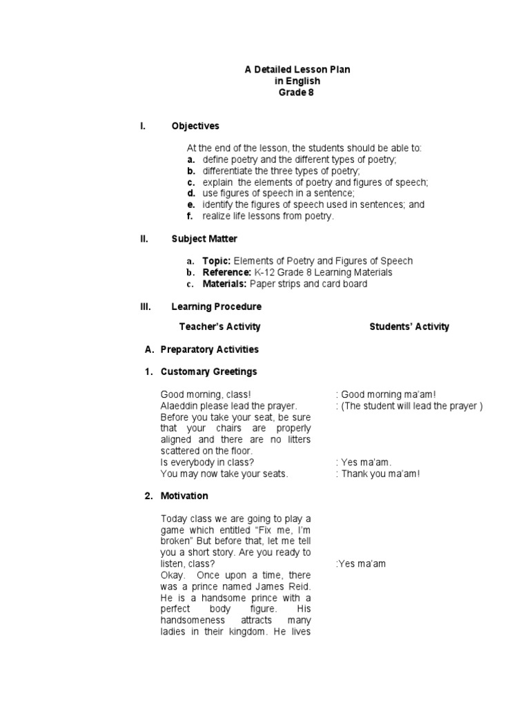 A Detailed Lesson Plan in G8 Poetry | PDF | Poetry | Lyric Poetry