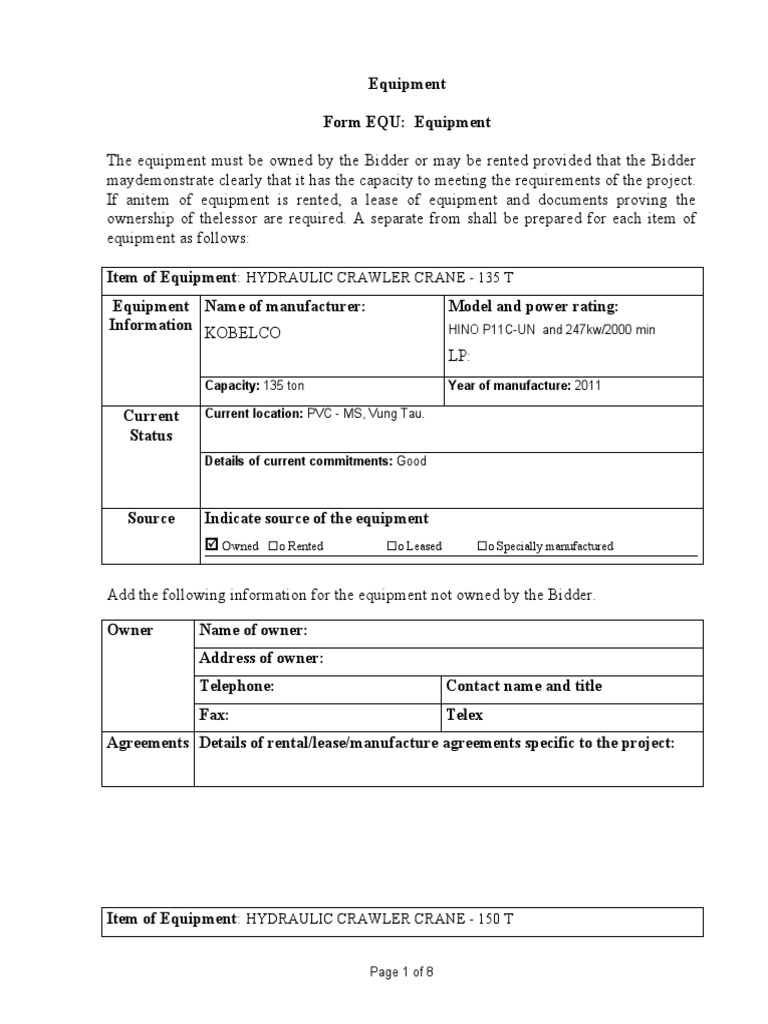 2019 18 02 Form EQU Equipment | PDF | Equipment | Secondary Sector Of The Economy