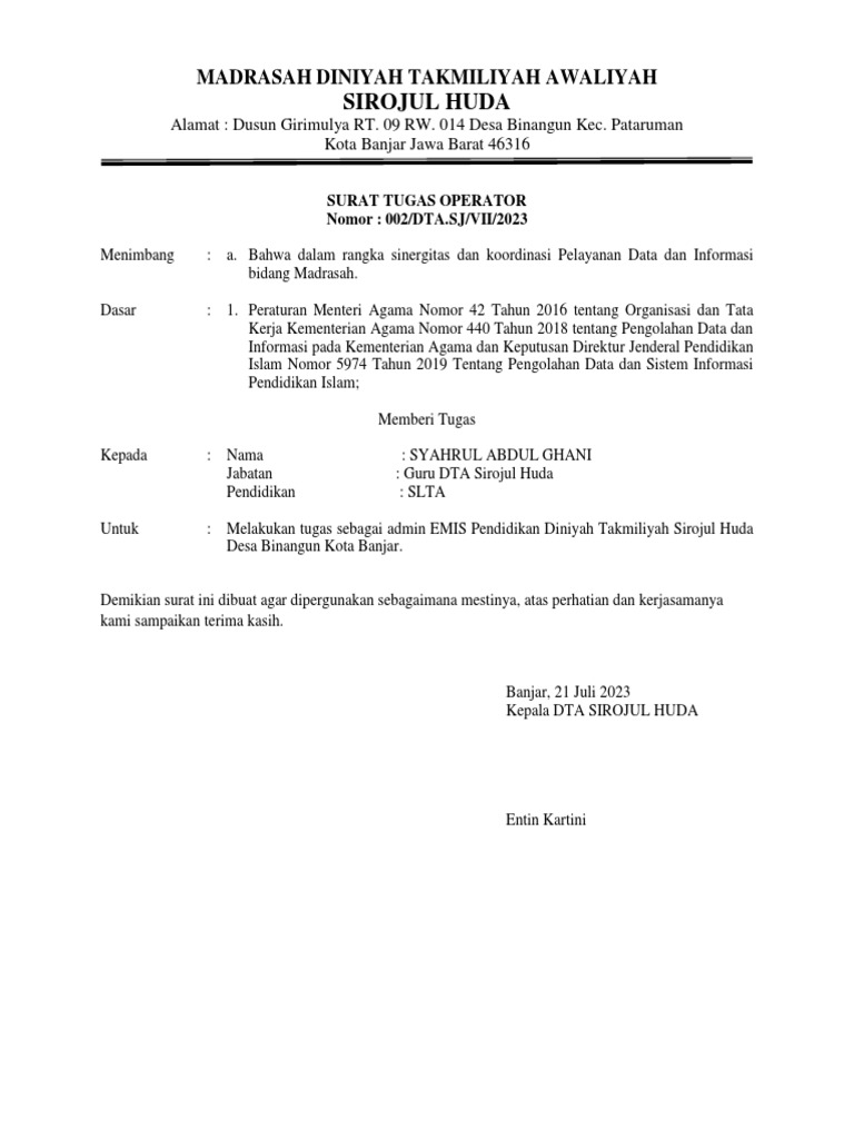 Surat Tugas Operator Dta SJ | PDF