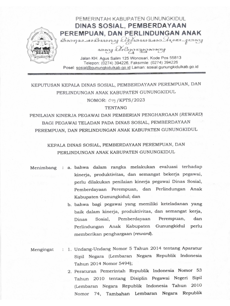 SK Penilaian Kinerja Pegawai Dan Pemberian Penghargaan Bagi Karyawan Teladan | PDF