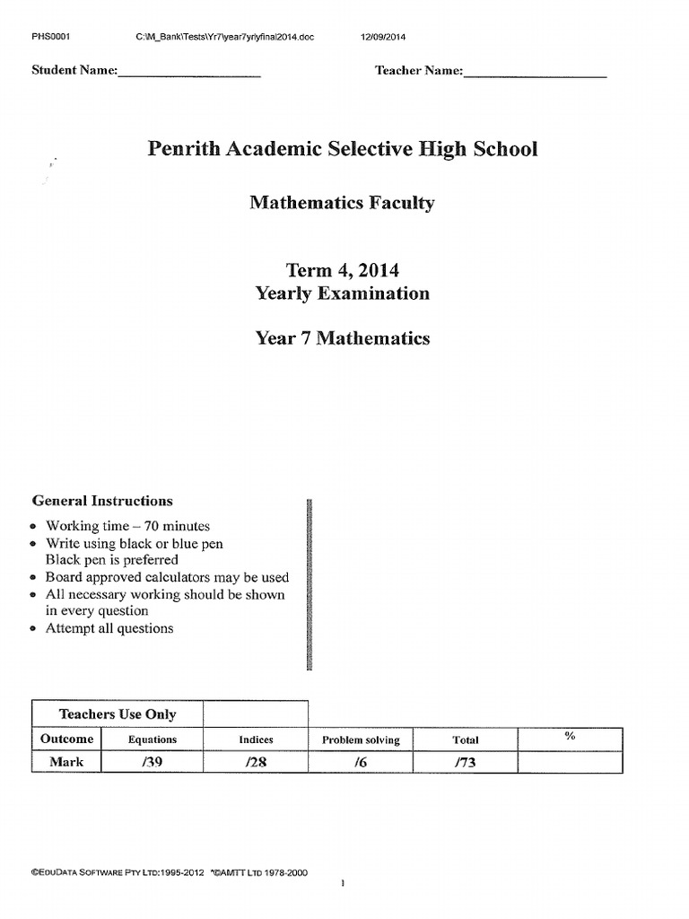 2014 - Yr7 - Yearly Exam - Equations Indices | PDF