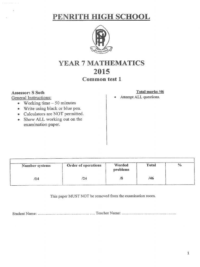 2015 - Yr7 - Common Test 1 | PDF