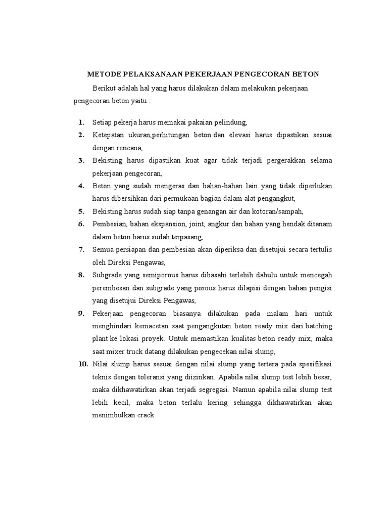 Metode Pelaksanaan Pekerjaan Pengecoran Beton | PDF