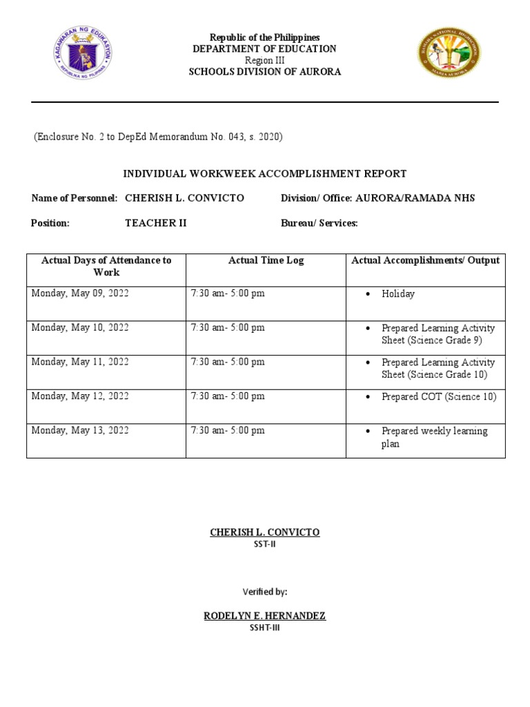 Individual Workweek Accomplishment Report Pdf Government