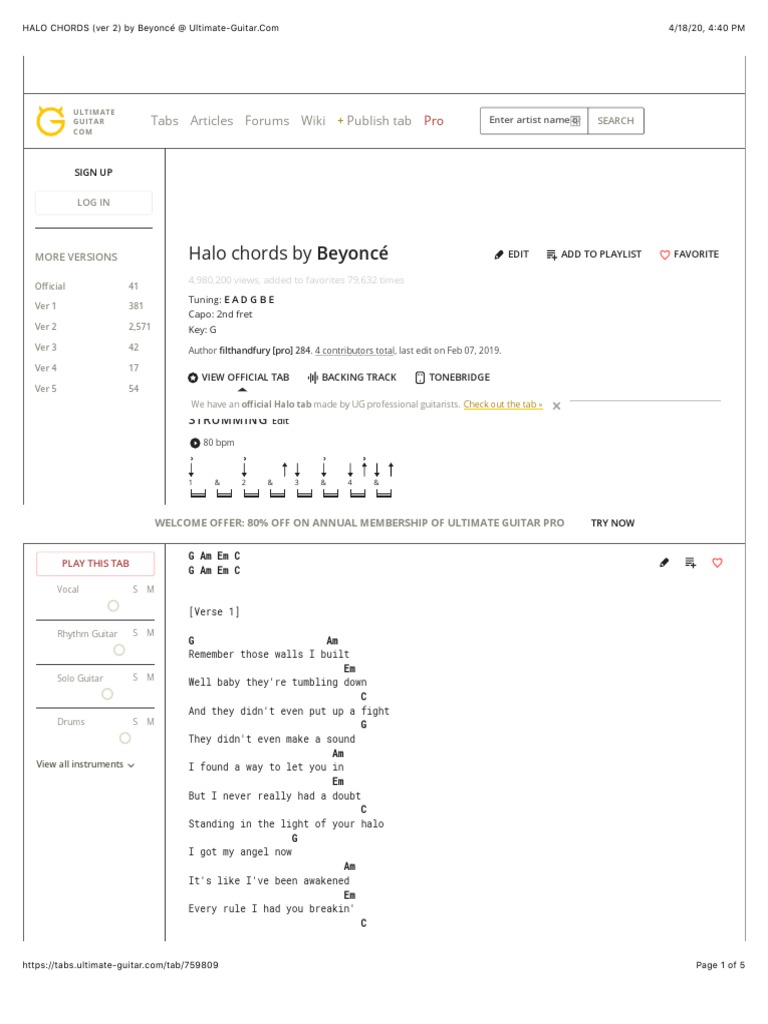 HALO CHORDS (Ver 2) by Beyoncé @ | PDF | Song Structure | Guitars