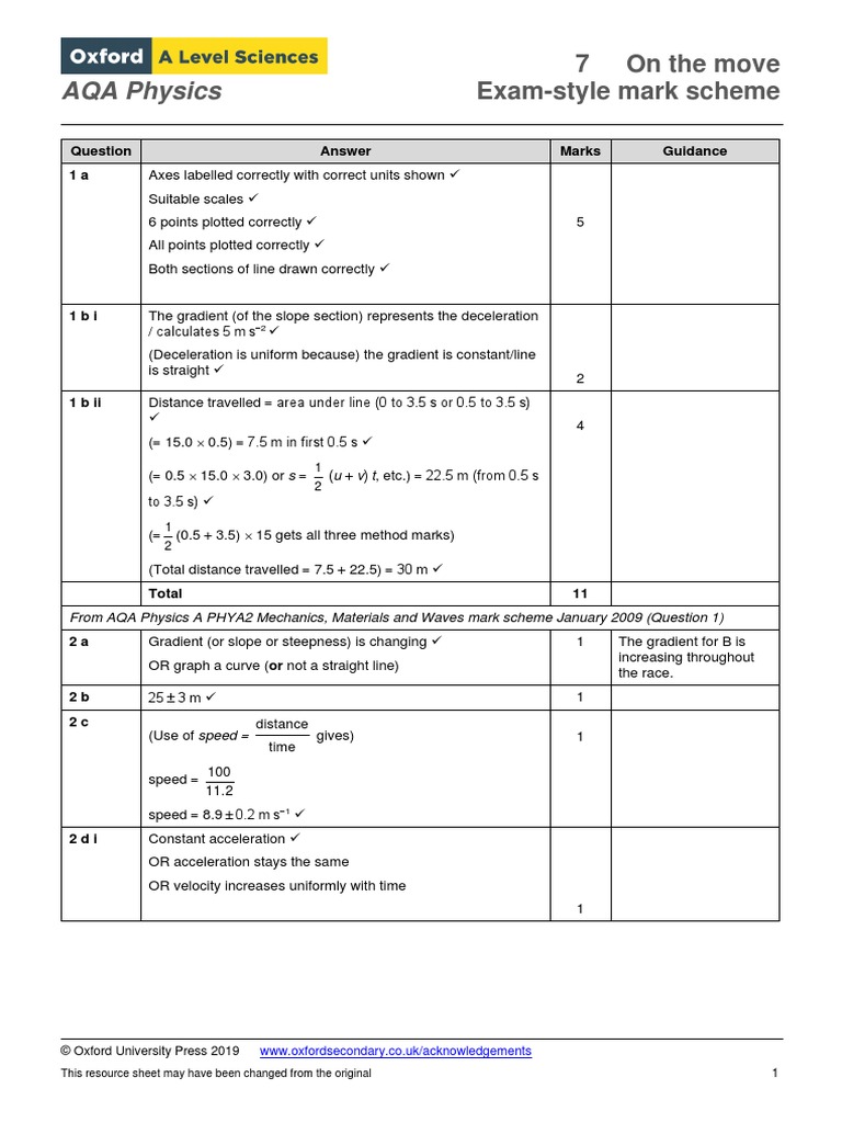 On The Move - Exam Style Qs - Answers | PDF | Acceleration | Velocity
