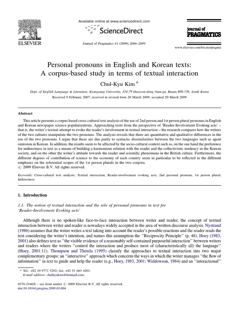 Personal Pronouns in English and Korean Texts A Corpus Based Study in ...