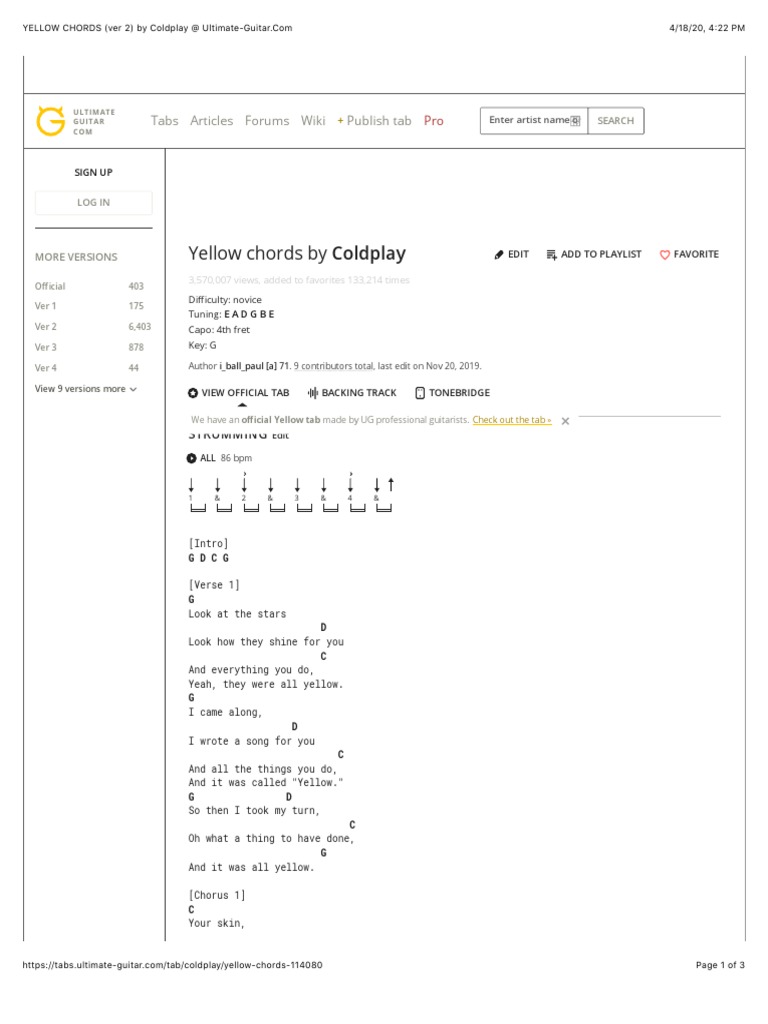YELLOW CHORDS (Ver 2) by Coldplay @ | PDF | Song Structure | Guitar ...
