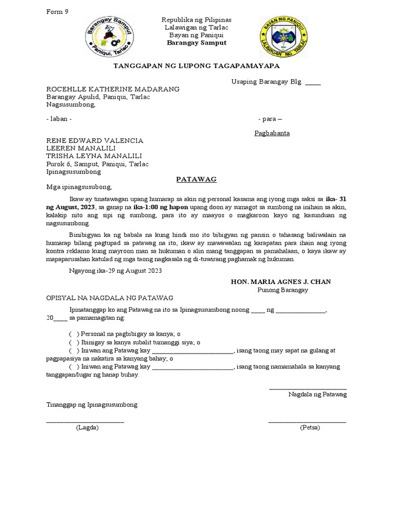 Form 9 - Patawag | PDF