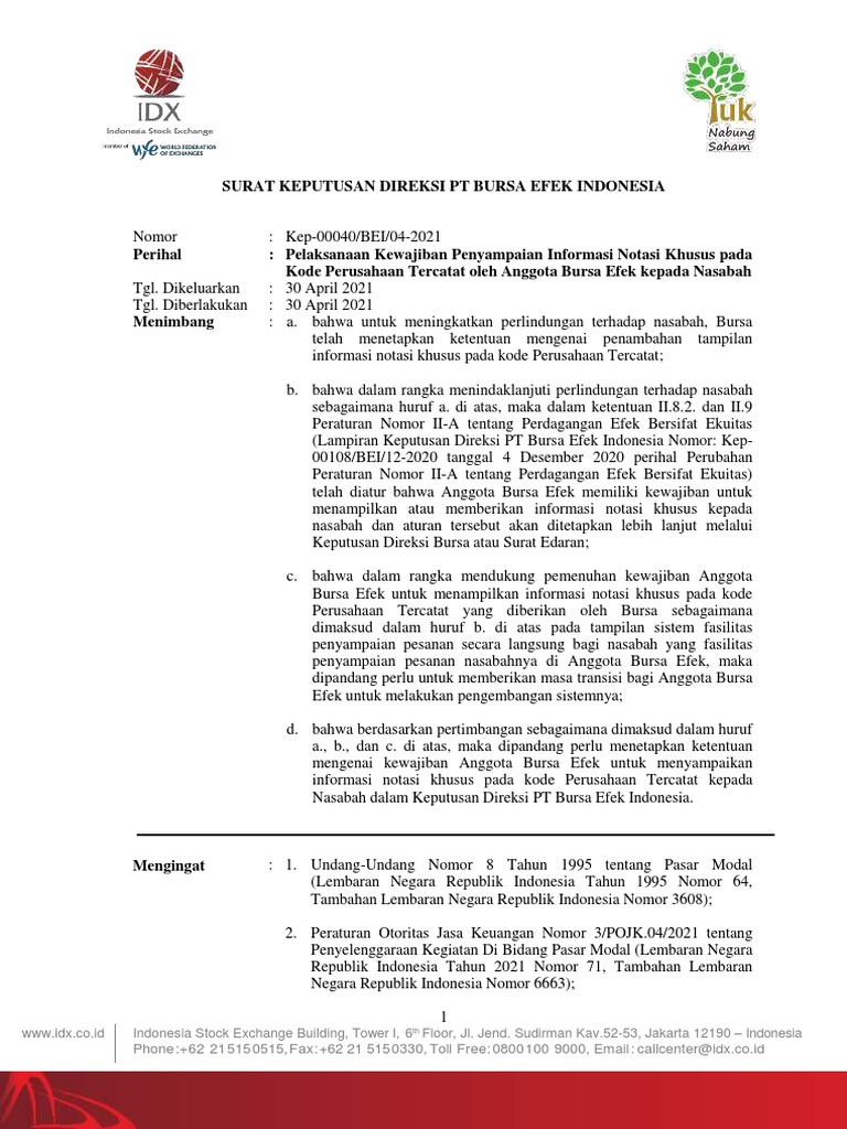 SK Pelaksanaan Kewajiban Penyampaian Informasi Notsus Pada Kode Perusahaan Tercatat Oleh - Ab ...