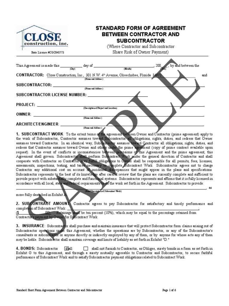 Sample Subcontract Agreement | PDF | Arbitration | Subcontractor