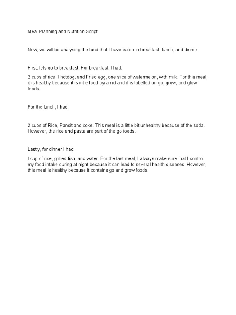 Meal Planning and Nutrition Script | PDF | Lifestyle