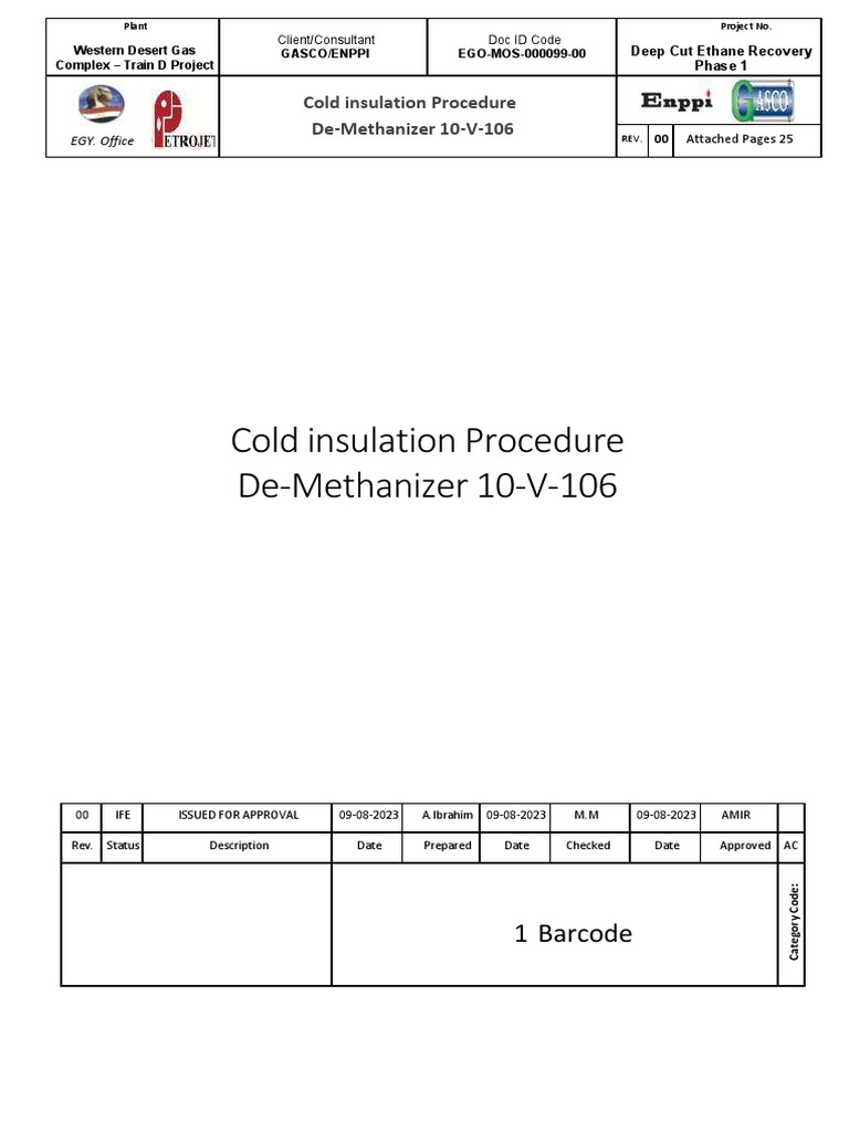Cold Insulation Procedure for De-Methanizer | PDF | Specification ...