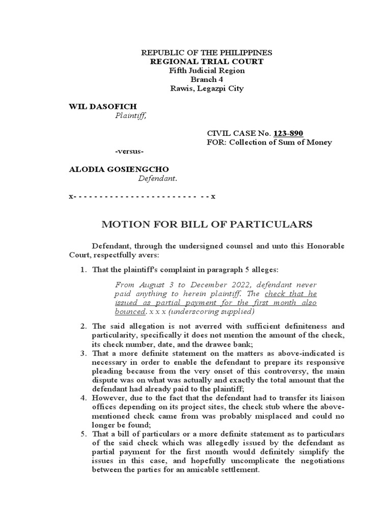 Motion For Bill of Particulars | PDF | Affidavit | Lawsuit