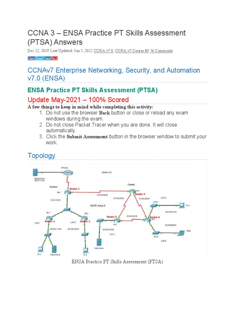 CCNA 3 ENSA Practice PT Skills Assessment (PTSA) | PDF | Ip Address | Router (Computing)