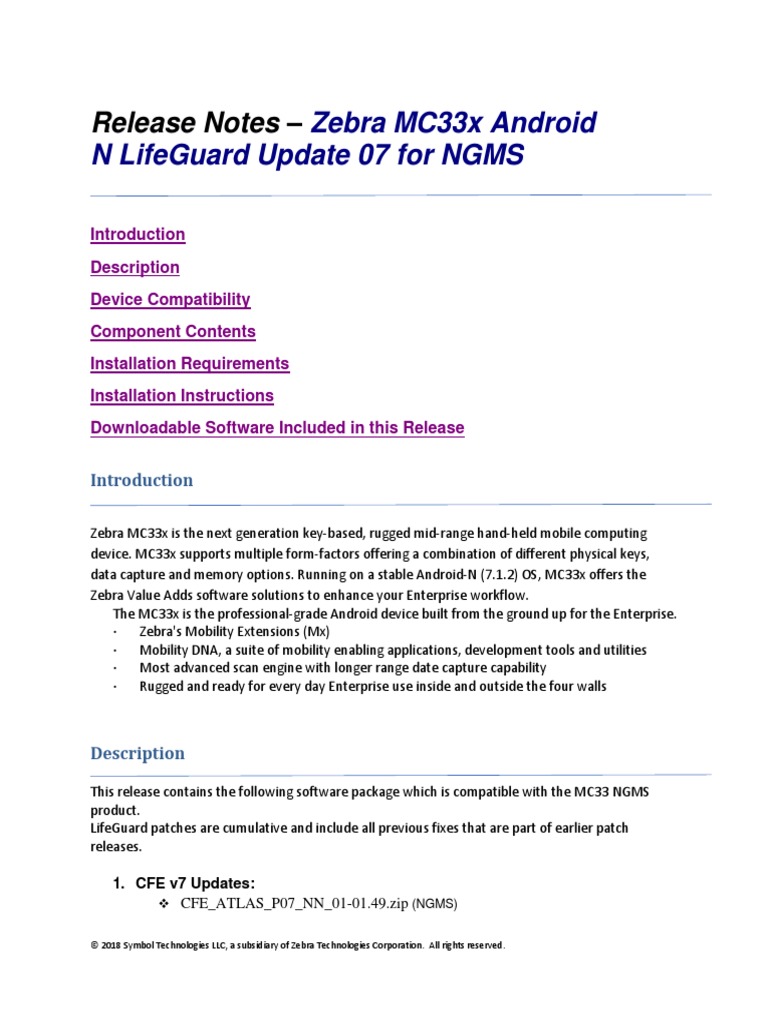 mc33 v01 49 00 Non Gms Update 07 Release Notes | PDF | Usb | Booting