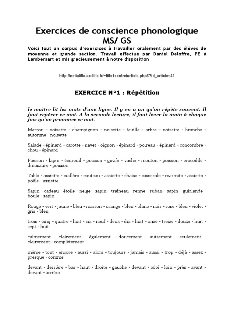 Exercices Conscience Phonologique MS GS | PDF