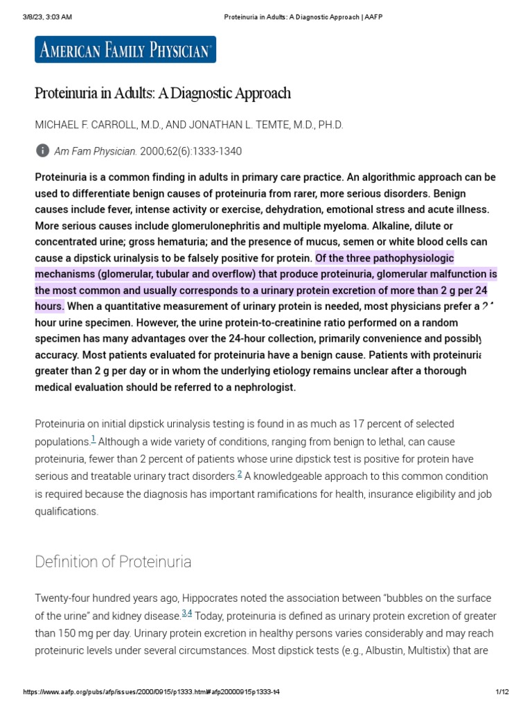 Adult Proteinuria Diagnosis Guide | PDF | Nephrology | Kidney