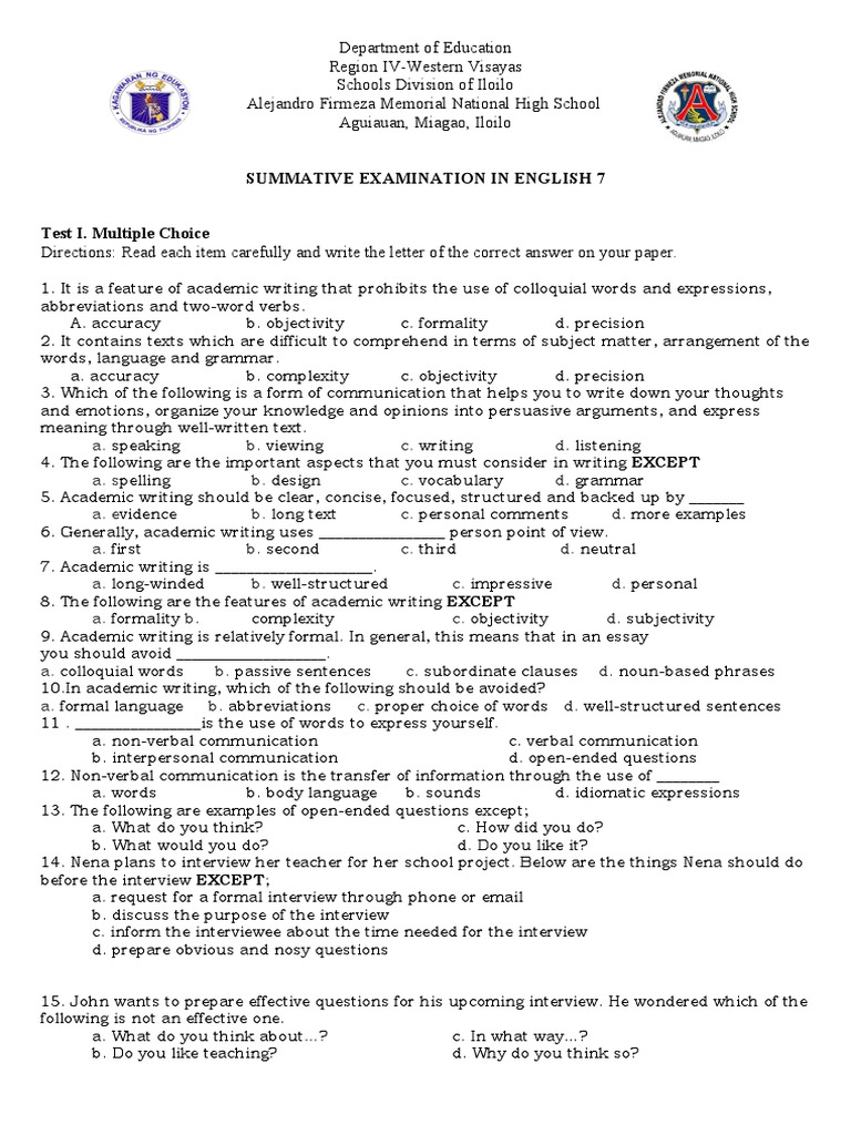 Long Summative Tests | PDF | Communication | Plot (Narrative)